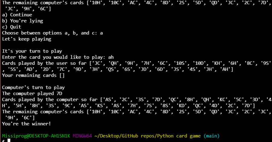 Github - Missisheri Python Card Game