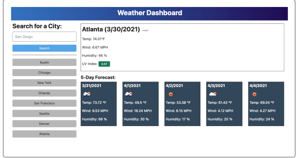 GitHub - LF56/WeatherDashboard: Using third party API's to dynamically update HTML and CSS by ...