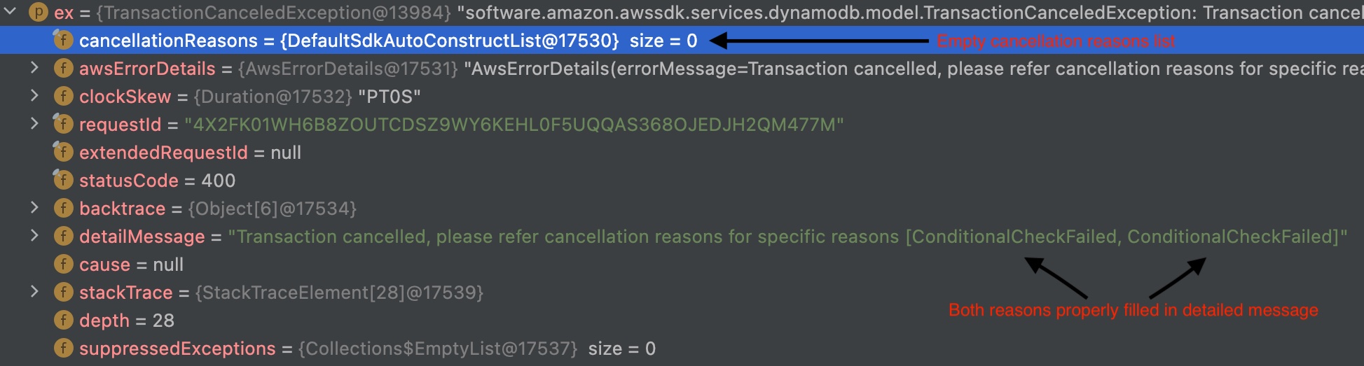 Bug Transactioncancelledexception Not Properly Filled In Dynamodb Java
