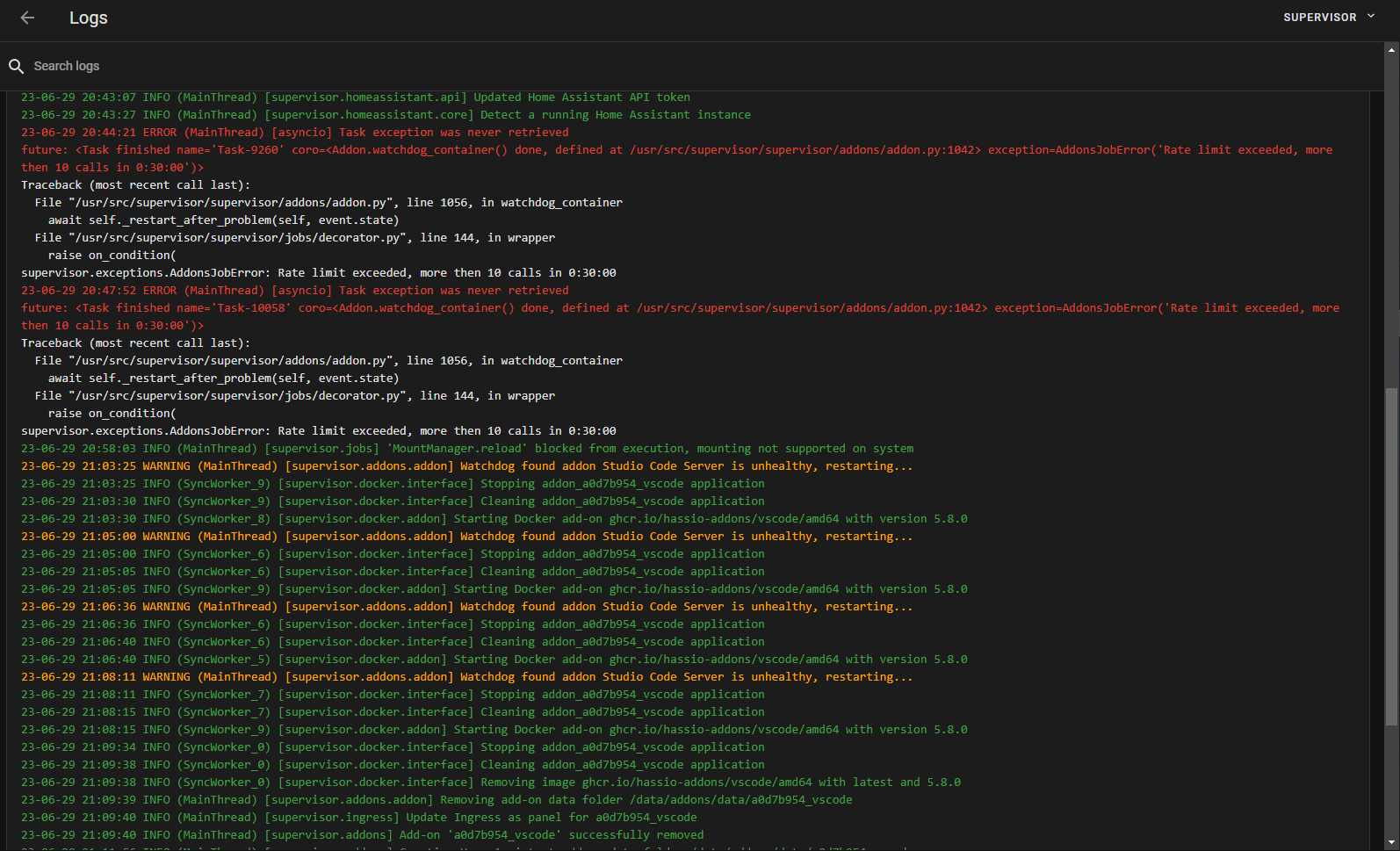 Addon will not stay running · Issue #666 · hassio-addons/addon-vscode · GitHub