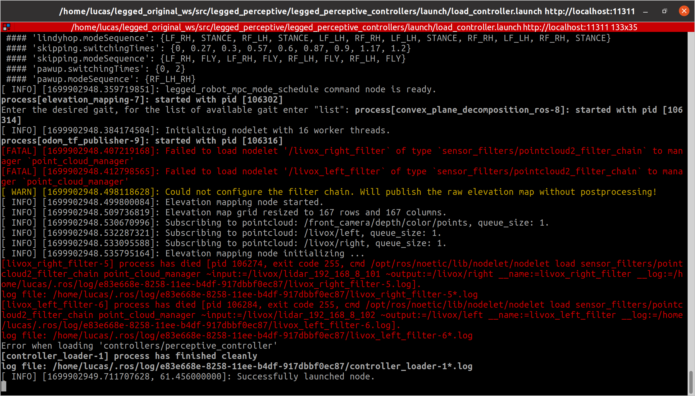 The execution of 'roslaunch legged_perceptive_controllers load_controller.launch' resulted in an ...