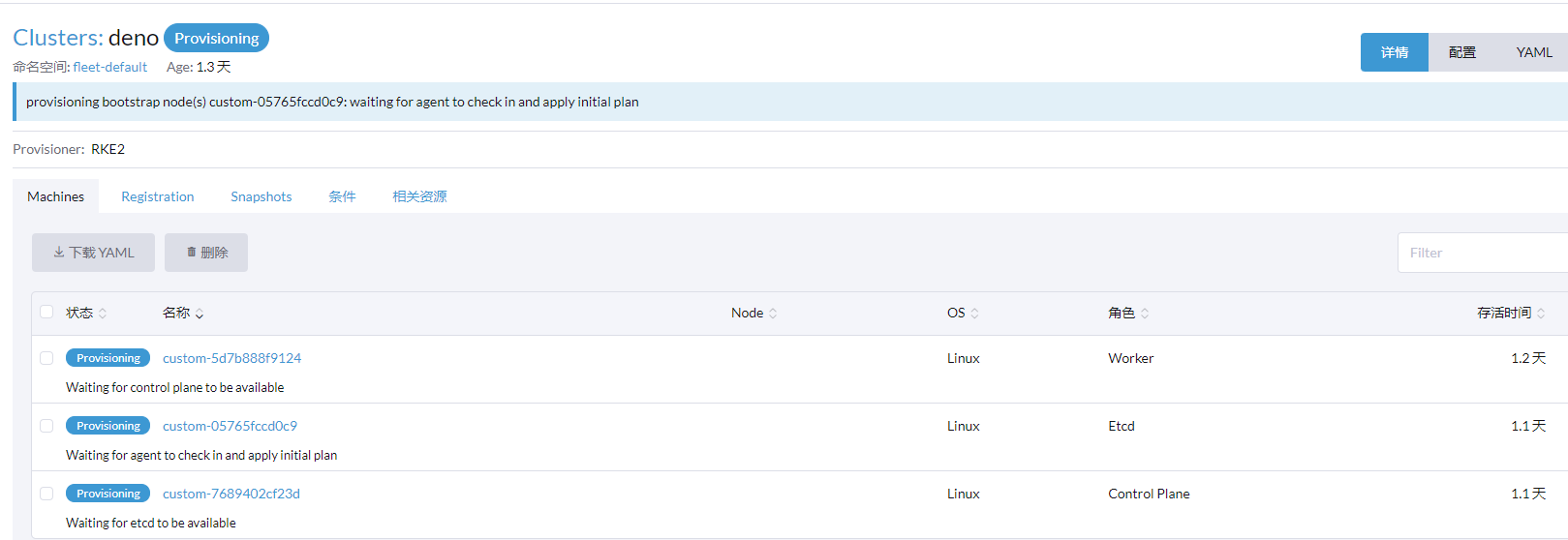 RancherUI adds a downstream cluster RKE2. The downstream cluster is always in the provisioning ...