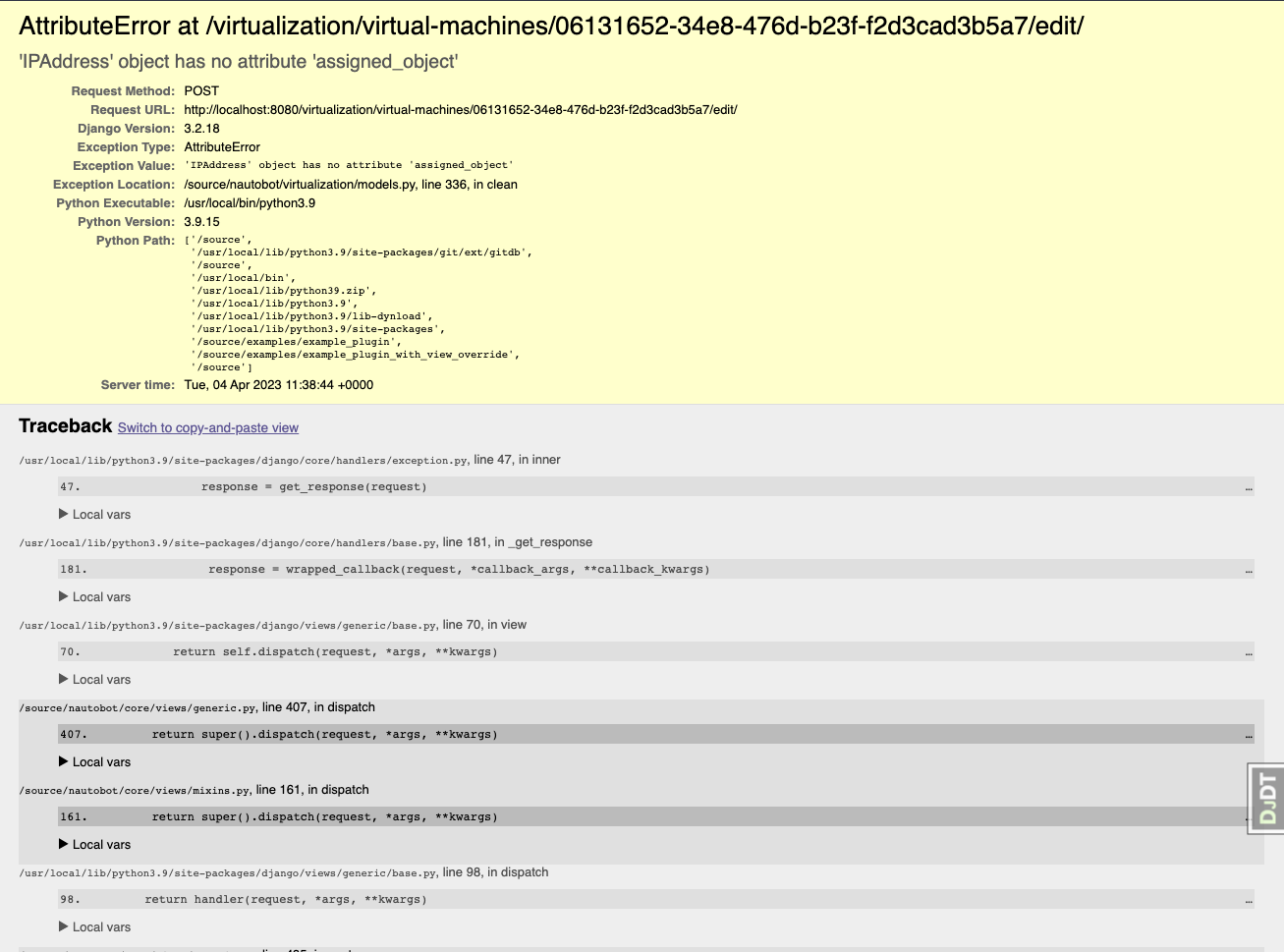 Error Occurs When Adding An `ipaddress` To A `virtualmachine` · Issue 3536 · Nautobotnautobot 