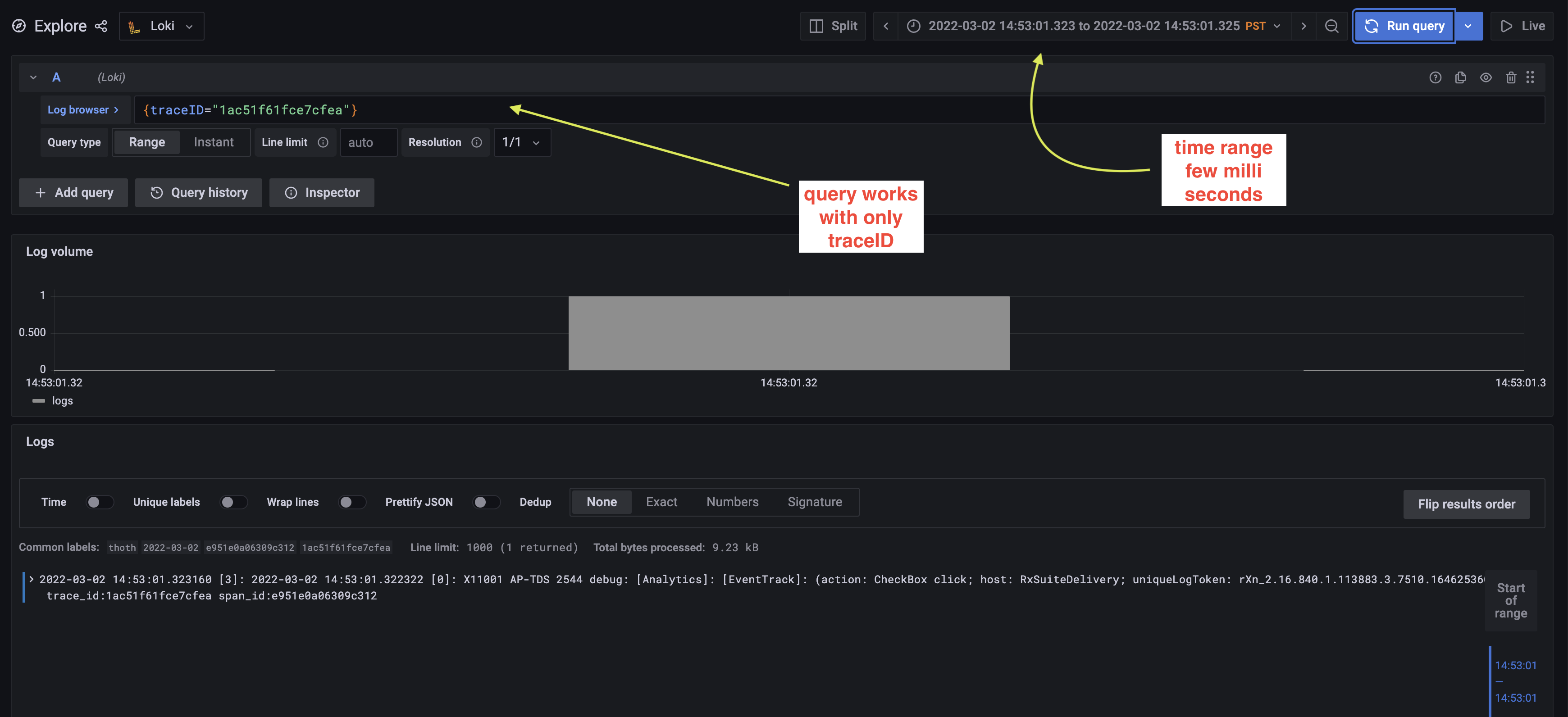 Loki Explore in Grafana is not showing log line with traceID AND span ID for a narrow time range ...
