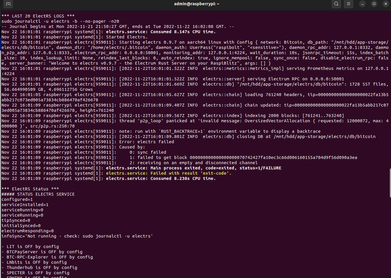 Electrs 0.9.11 · Issue #3468 · raspiblitz/raspiblitz · GitHub