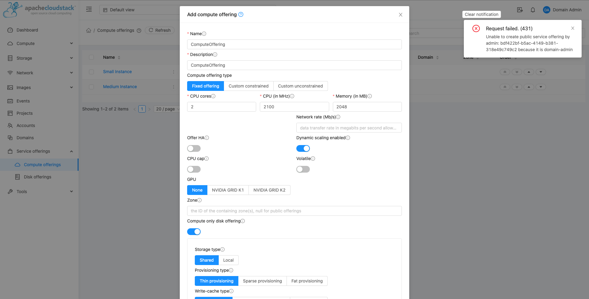Domain Admins can't create service offering in the UI · Issue #7259 · apache/cloudstack · GitHub