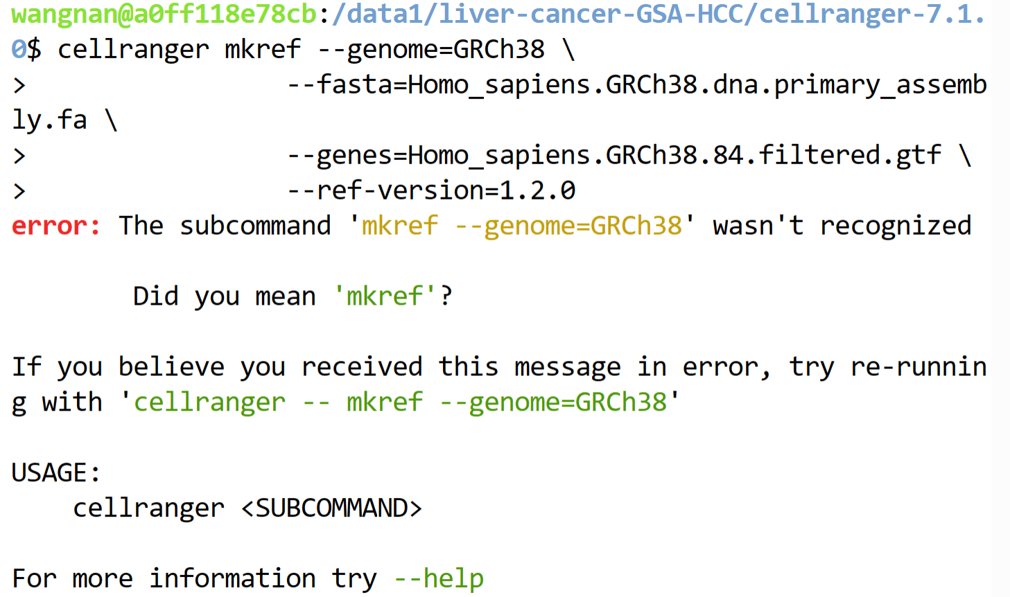 error: The subcommand 'mkref --genome=GRCh38' wasn't recognized Did you mean 'mkref'? If you ...