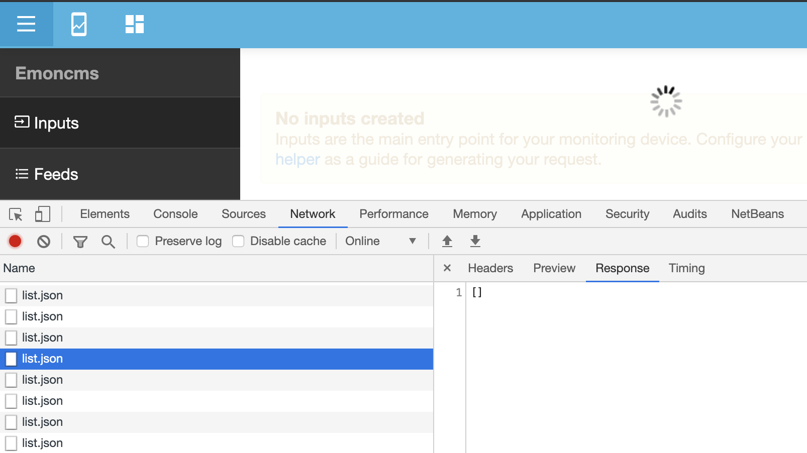 Cant create any input -> Spinner never ends · Issue #1387 · emoncms/emoncms · GitHub
