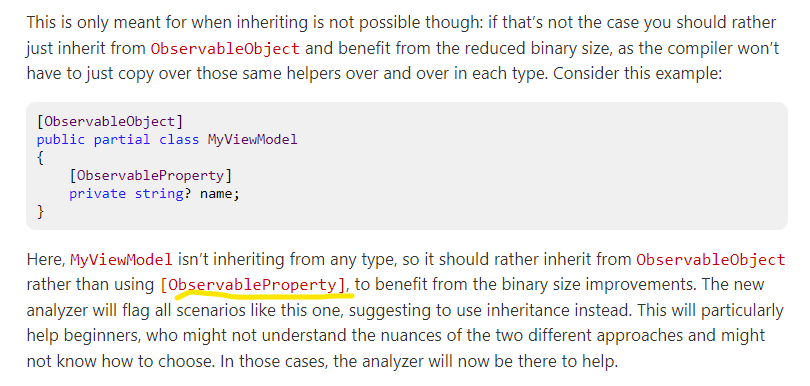 MVVMTK0033 (or another analyzer) should issue a warning if you inherit from ObservableObject and ...