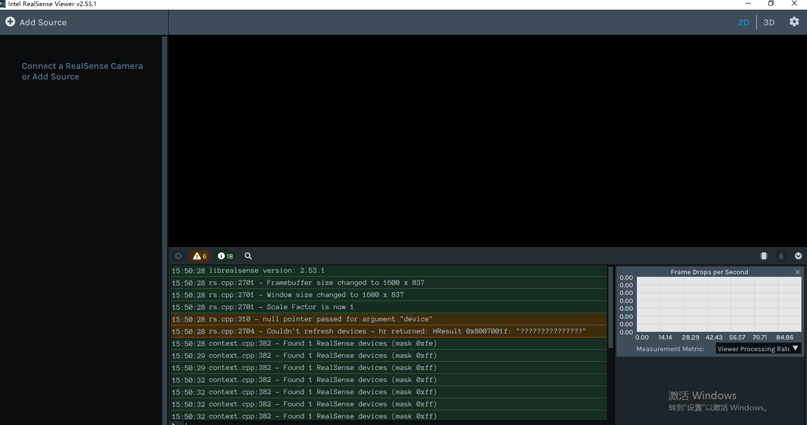 rs.cpp:2704 - Couldn't refresh devices - hr returned: HResult 0x8007001f: " The device connected ...