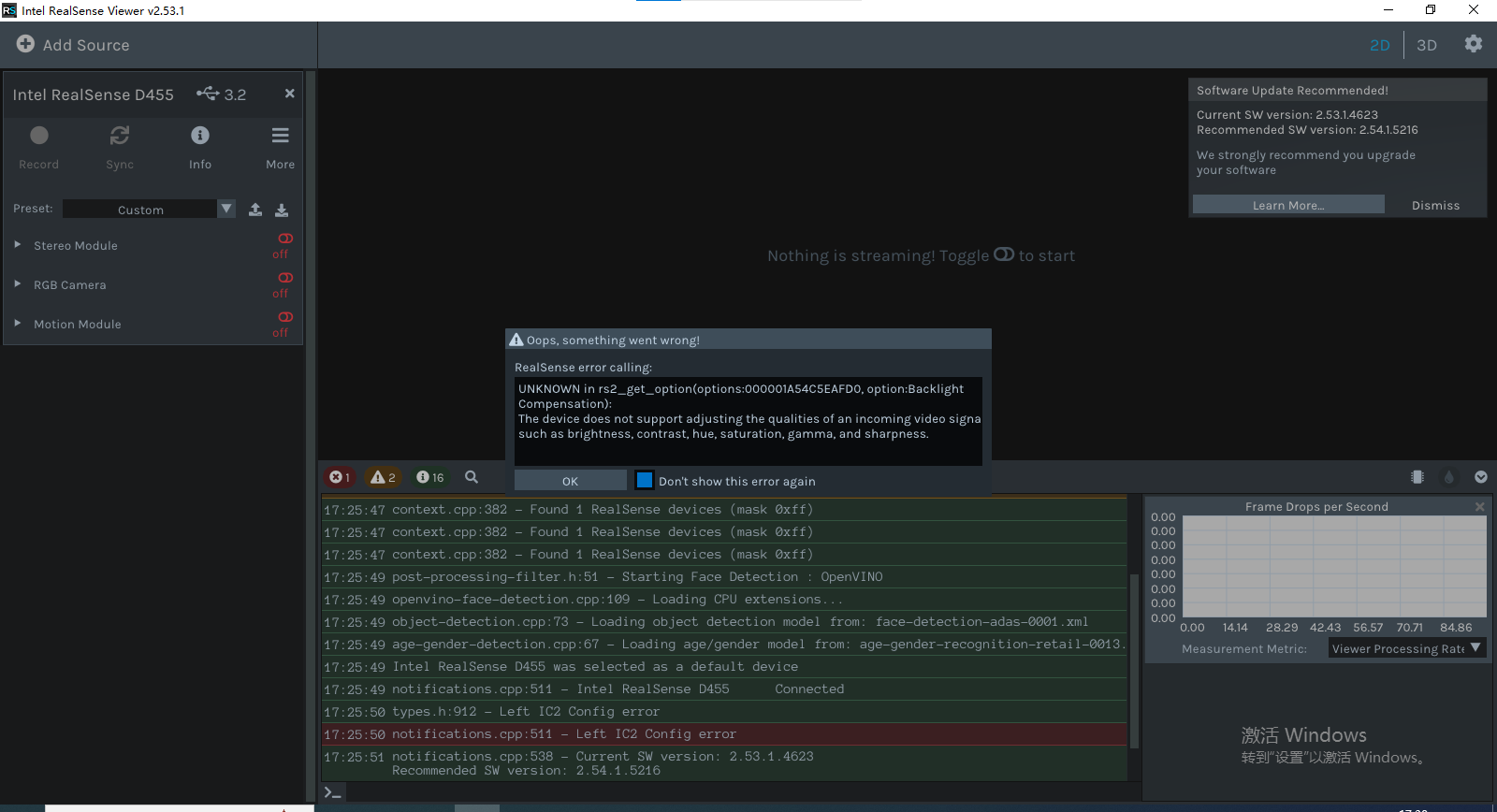rs.cpp:2704 - Couldn't refresh devices - hr returned: HResult 0x8007001f: " The device connected ...