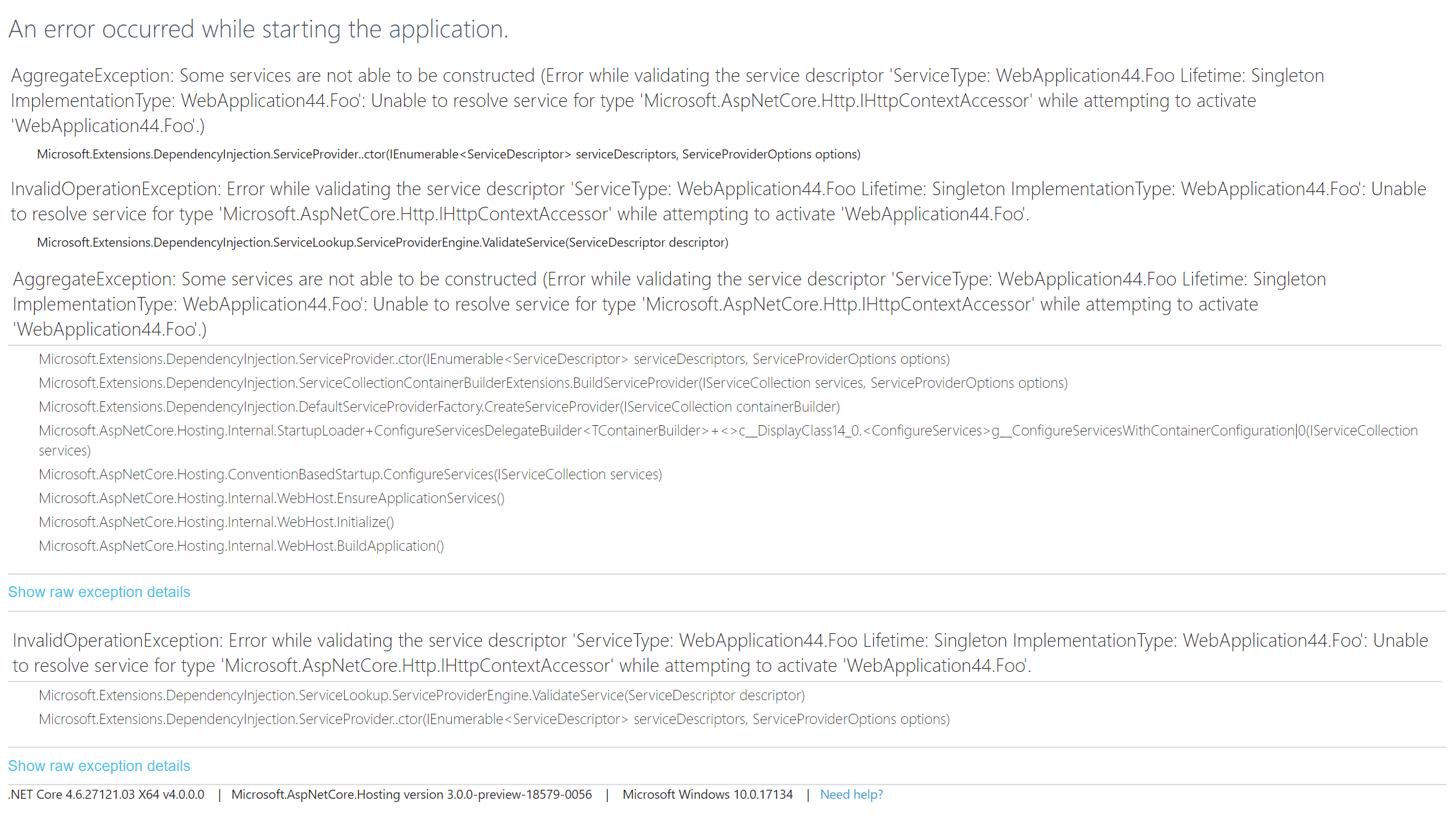 Improve error page for missing services error · Issue #5150 · dotnet/aspnetcore · GitHub