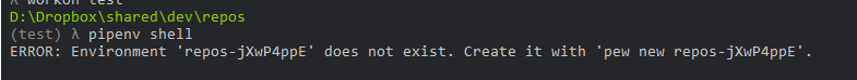 When a virtualenv is already active, `pipenv shell` suggests using `pew ...