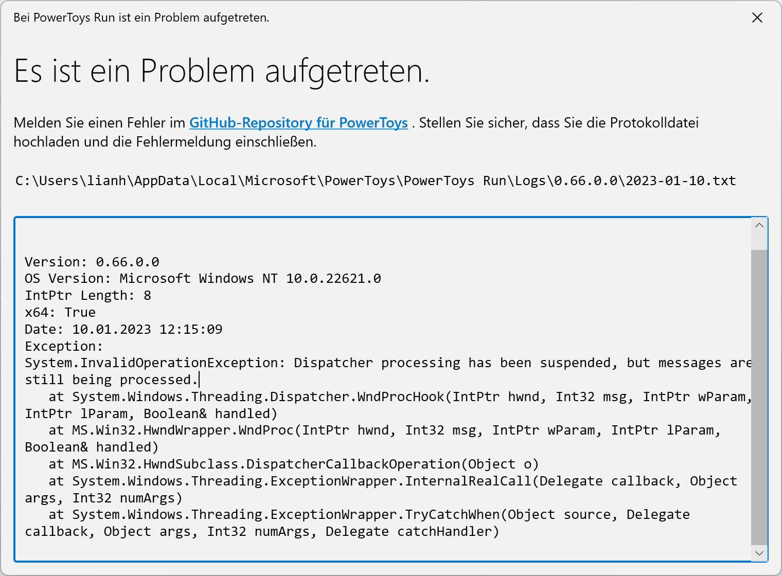 PowerToys Run crashed · Issue #23251 · microsoft/PowerToys · GitHub