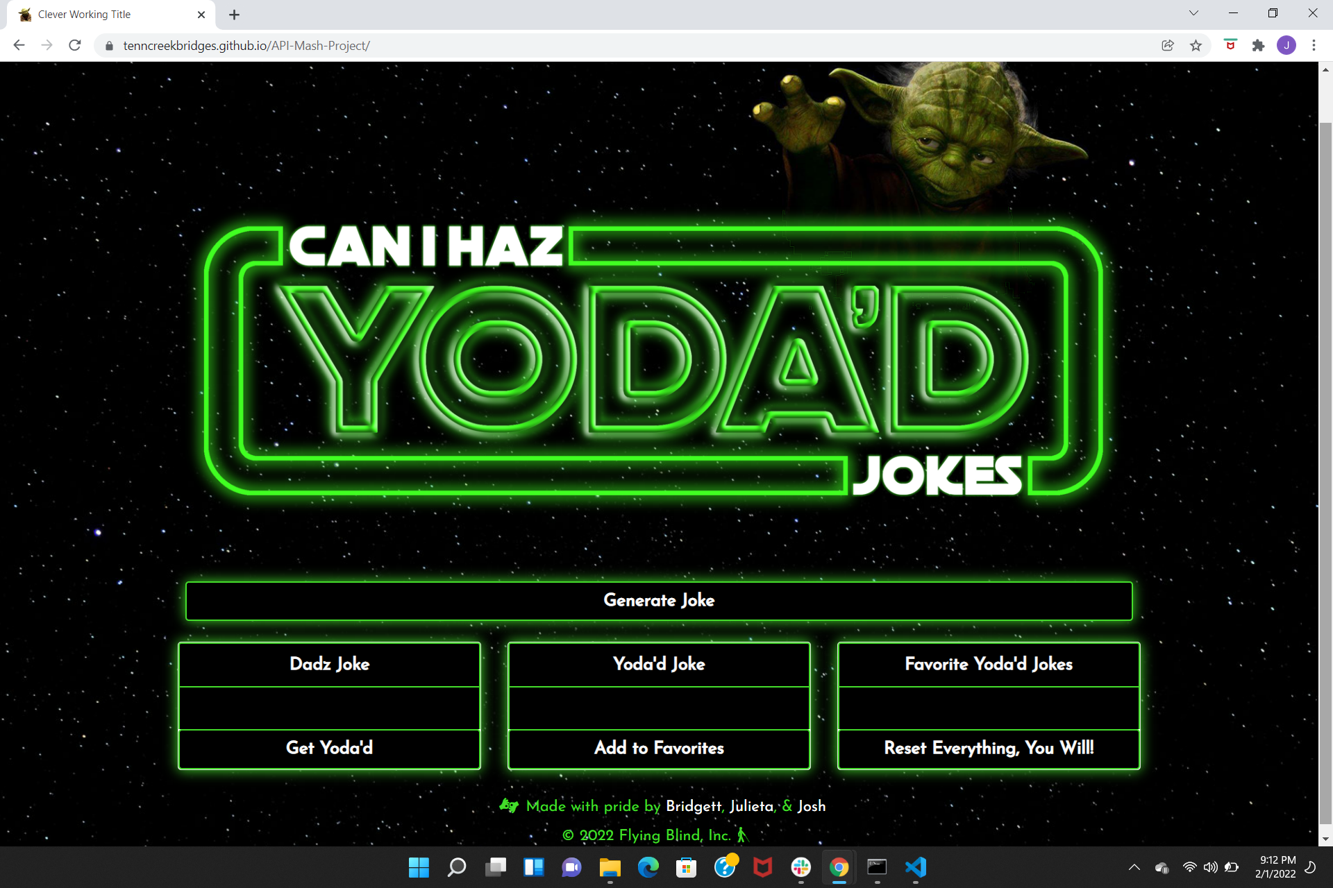 GitHub - TennCreekBridges/API-Mash-Project: Can I Haz YoDA'D Jokes