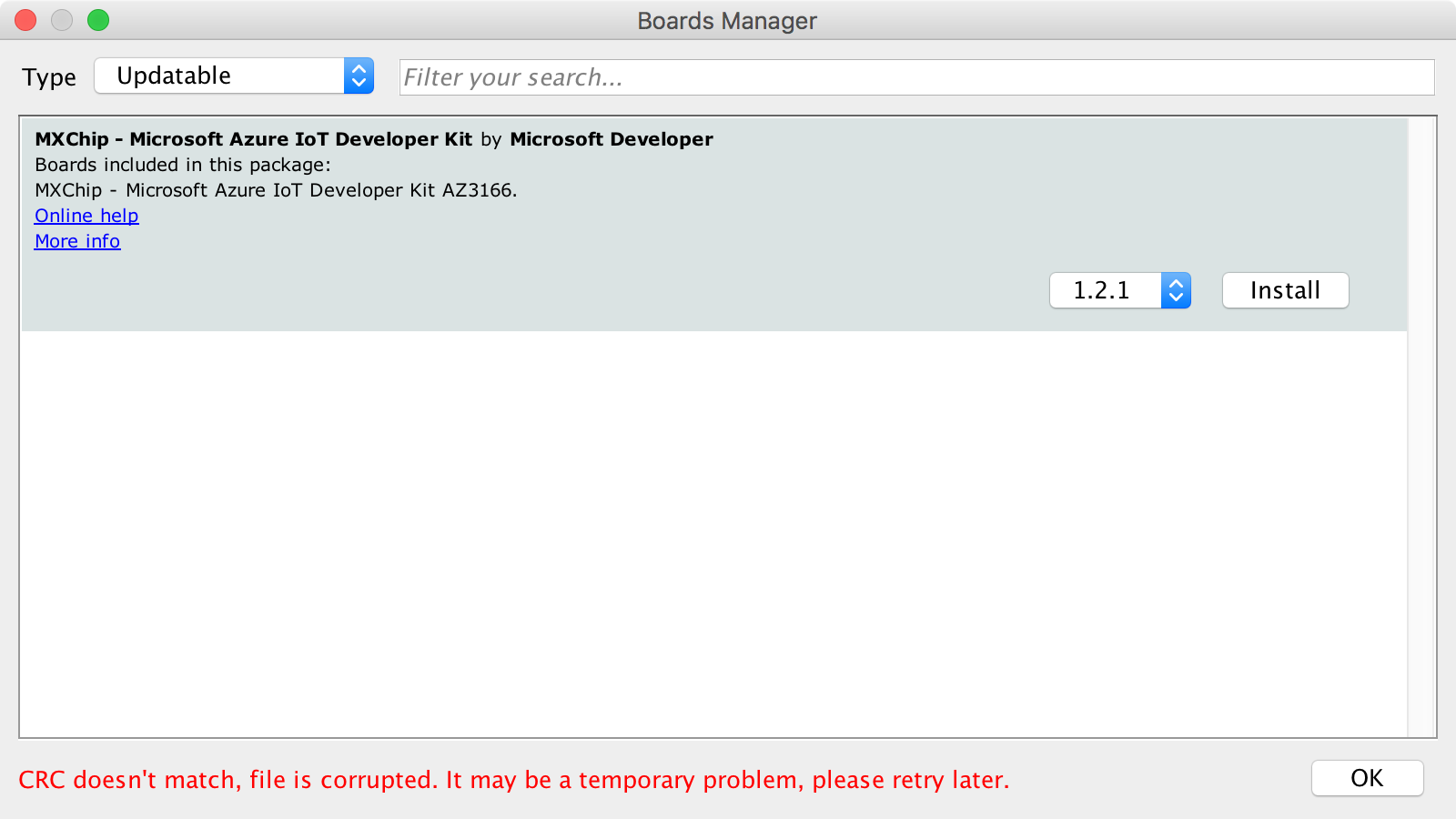 CRC Error with Release 1.2.1 · Issue #195 · microsoft/azure-iot-developer-kit · GitHub