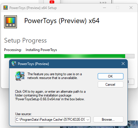 setup exe shows 'the feature you are trying to use is on a newwork resource that is unavaliable ...