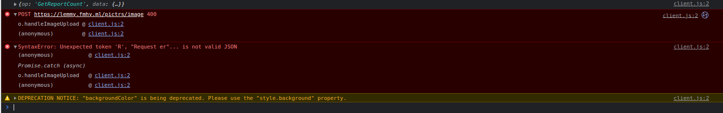 [Bug]: Image upload Problems - [SyntaxError: Unexpected token 'R', "Request er"... is not valid ...