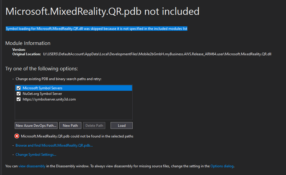 Not able to debug in VS - Microsoft.MixedReality.QR.pdb could not be found in the selected paths ...