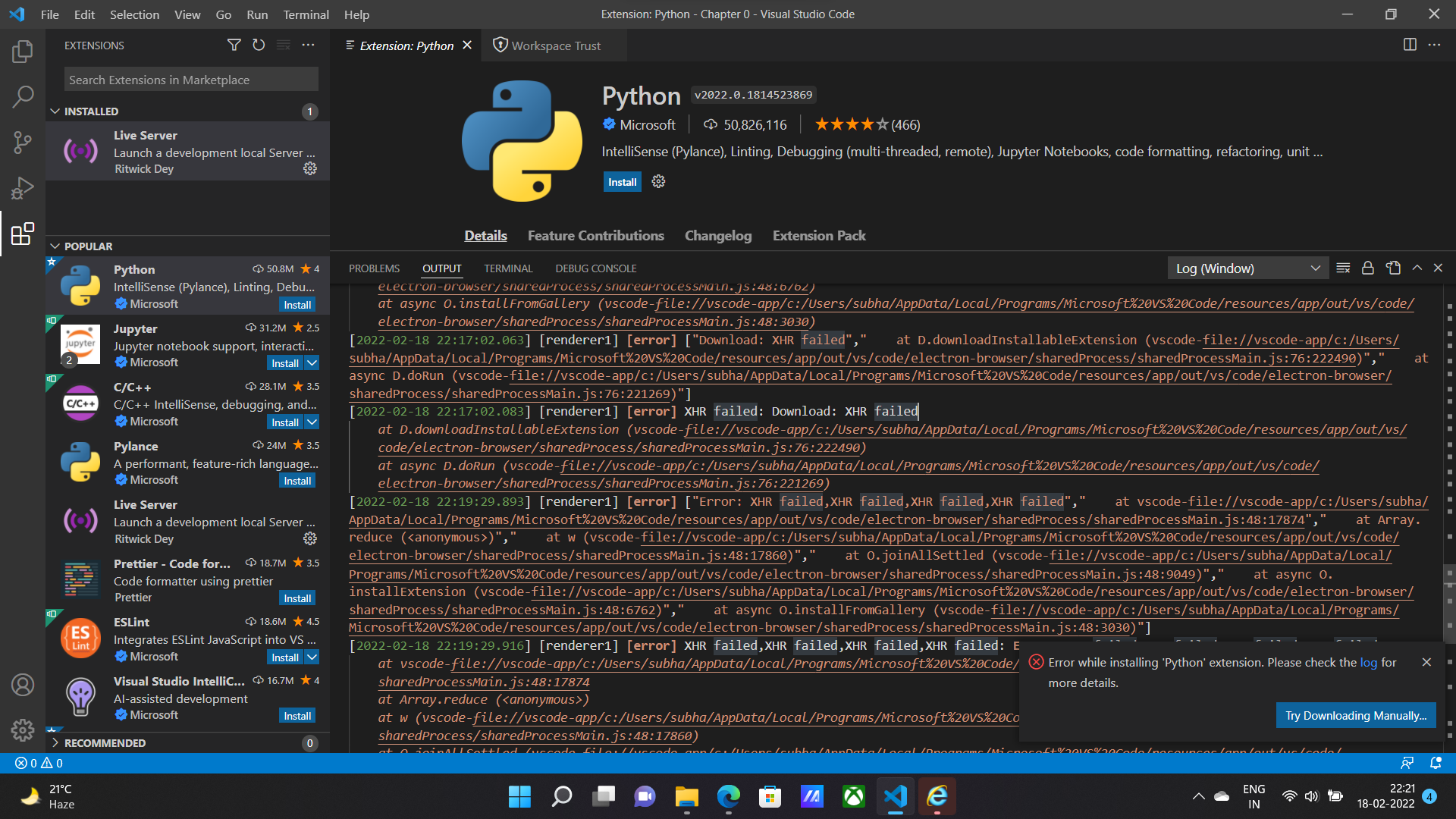 Error While Installing Python Extension Please Check The Log For More Details Issue 