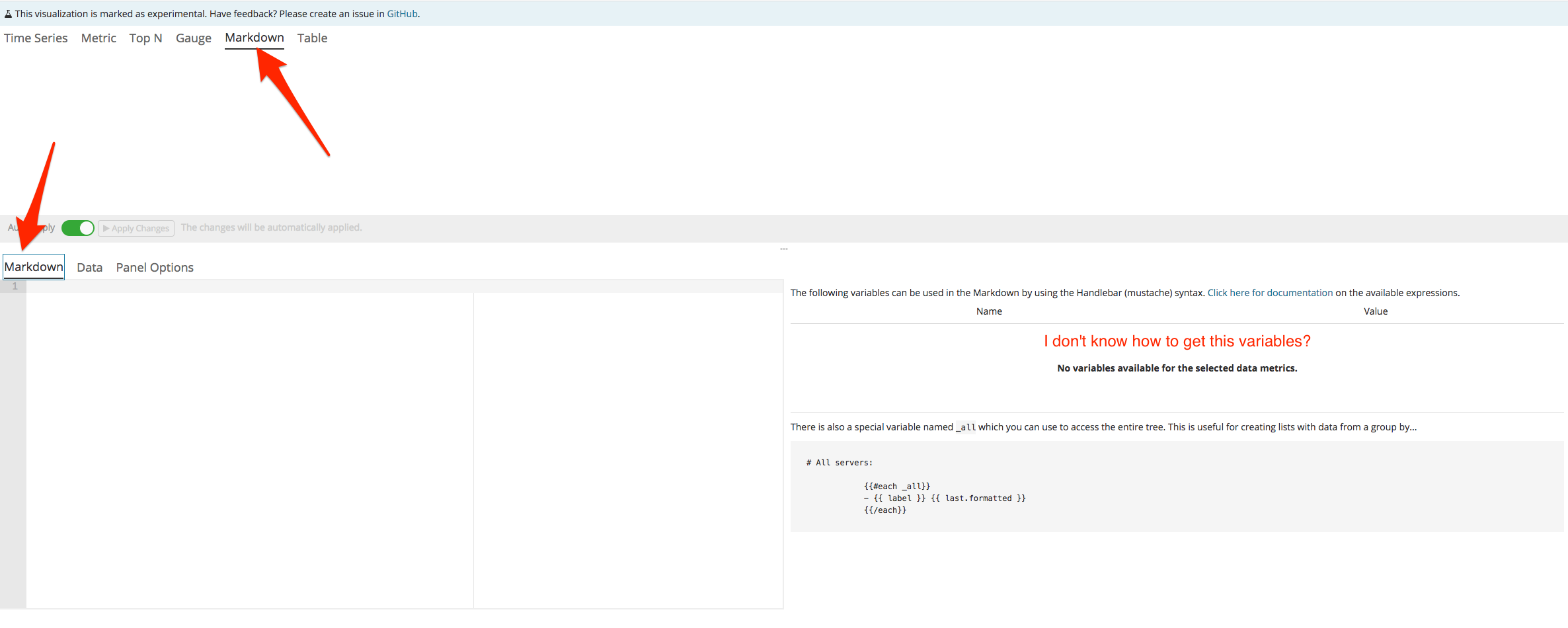 Time Series Visual Builder ==> Markdown (No variables available for the selected data metrics ...
