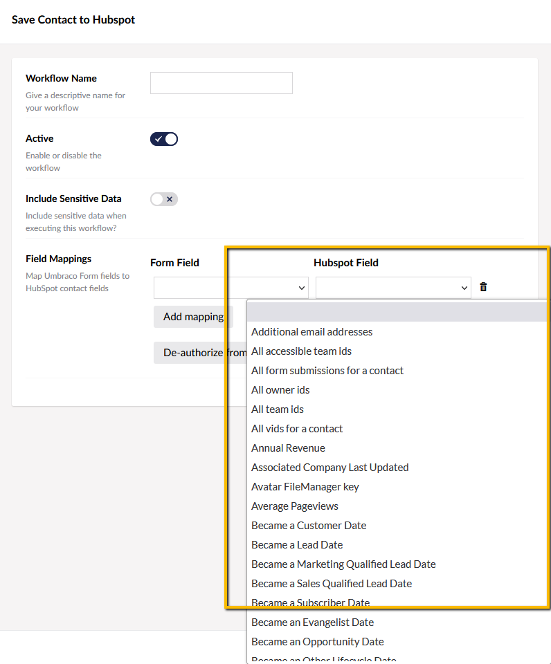 In the Hubspot integration, clicking the button "Add mapping" inside the workflow, doesn't do ...