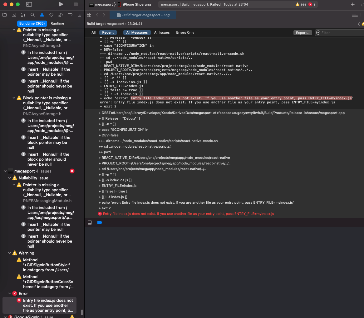 Entry file index.js does not exist. If you use another file as your ...