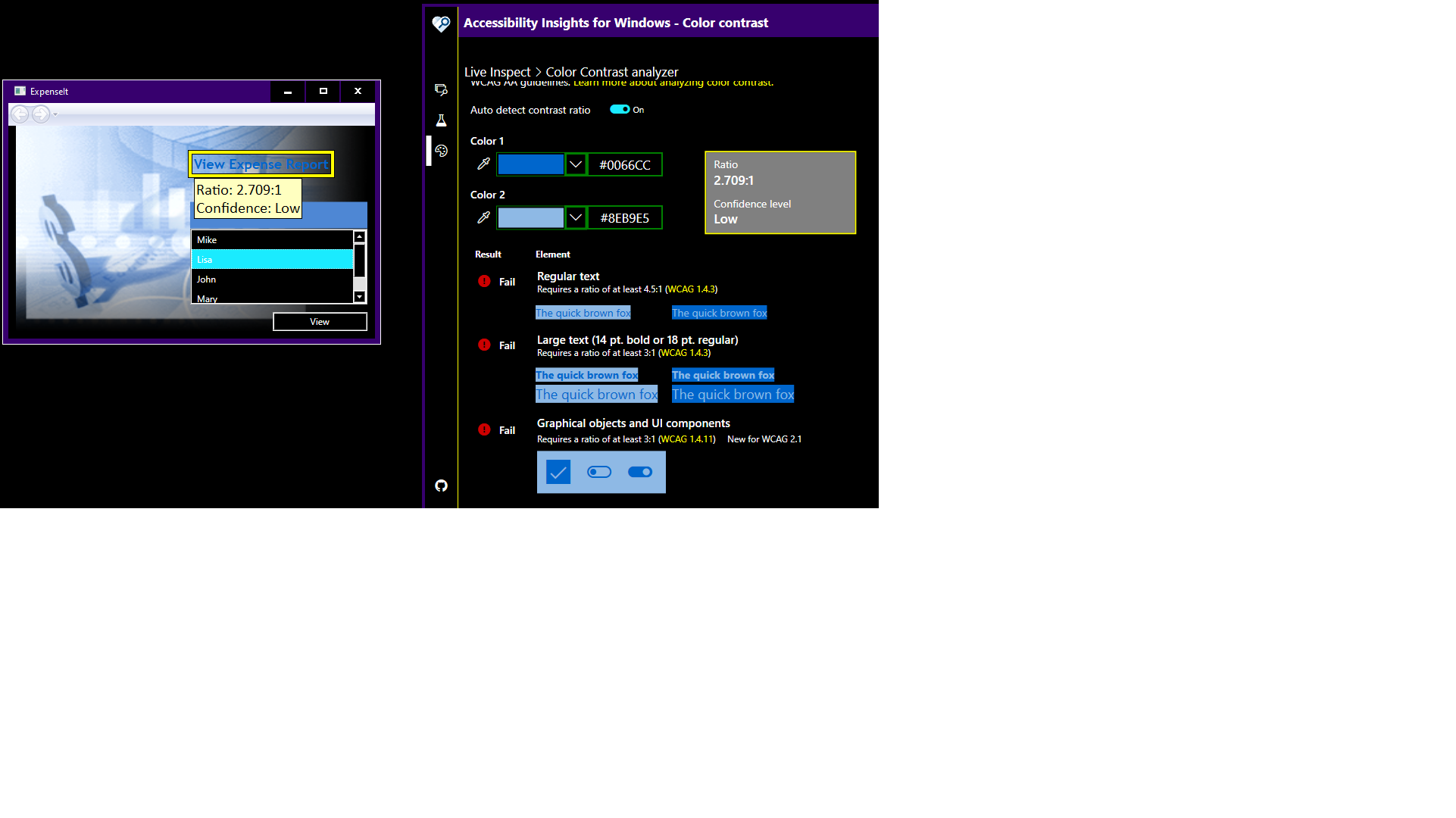 WCAG 1.4.3: (ExpenseItIntro/Label "View Expense Report") [High Contrast Black] Contrast ratio ...