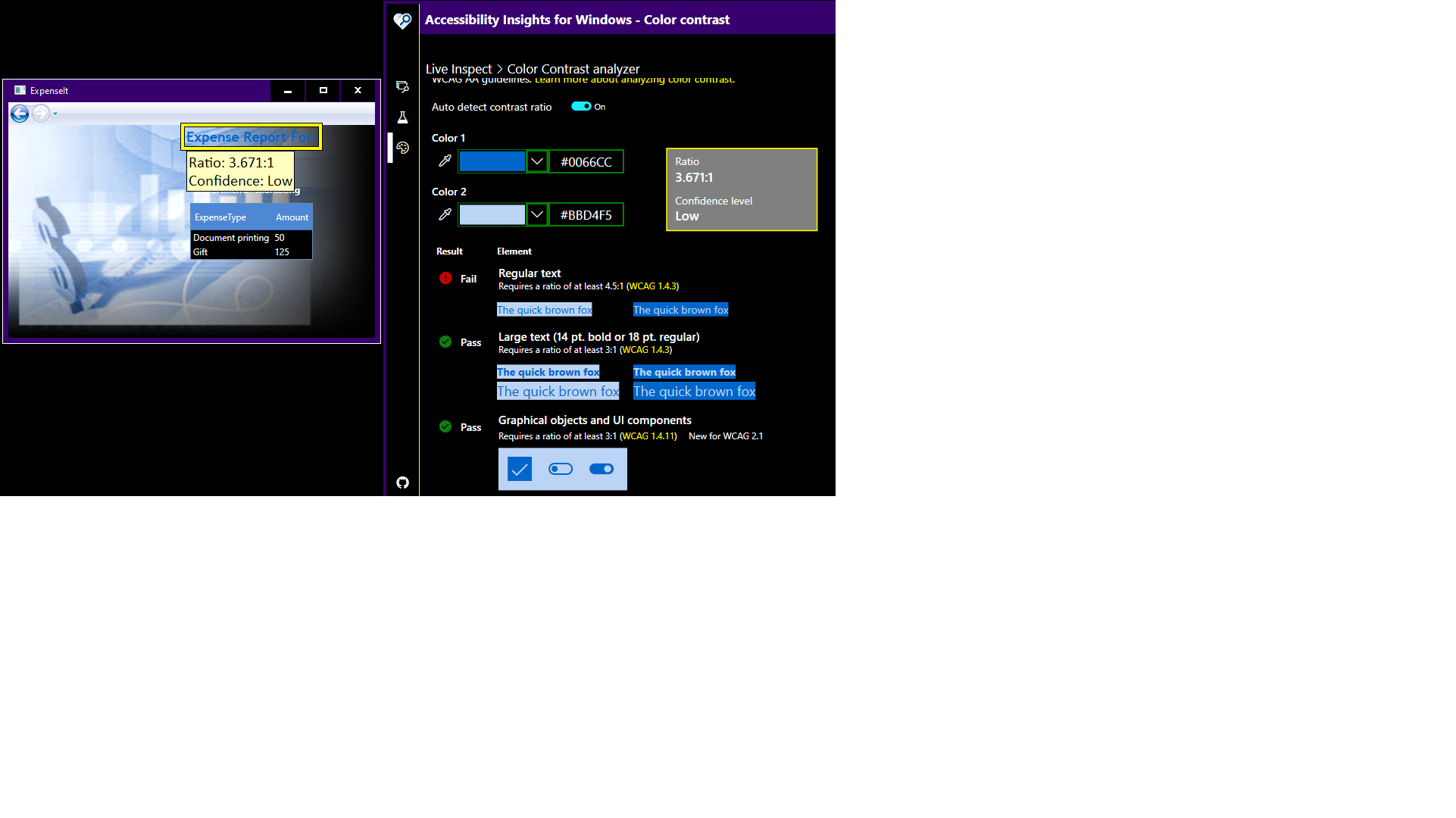 WCAG 1.4.3: (ExpenseItIntro/Label "Expense Report For") [High Contrast Black] Contrast ratio ...