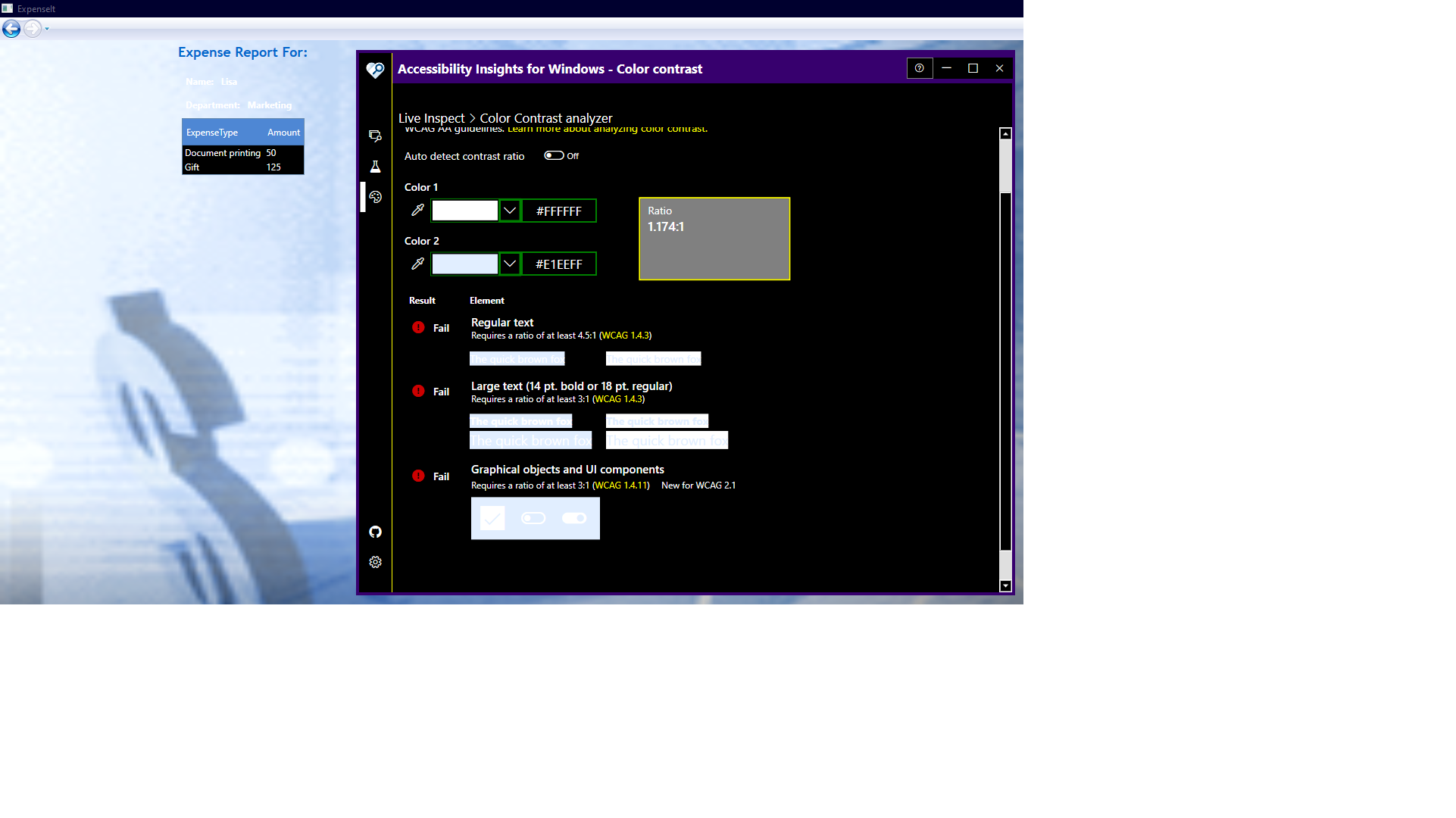WCAG 1.4.3: (ExpenseItIntro/Labels Name, Department "Expense Report For" view) [High Contrast ...