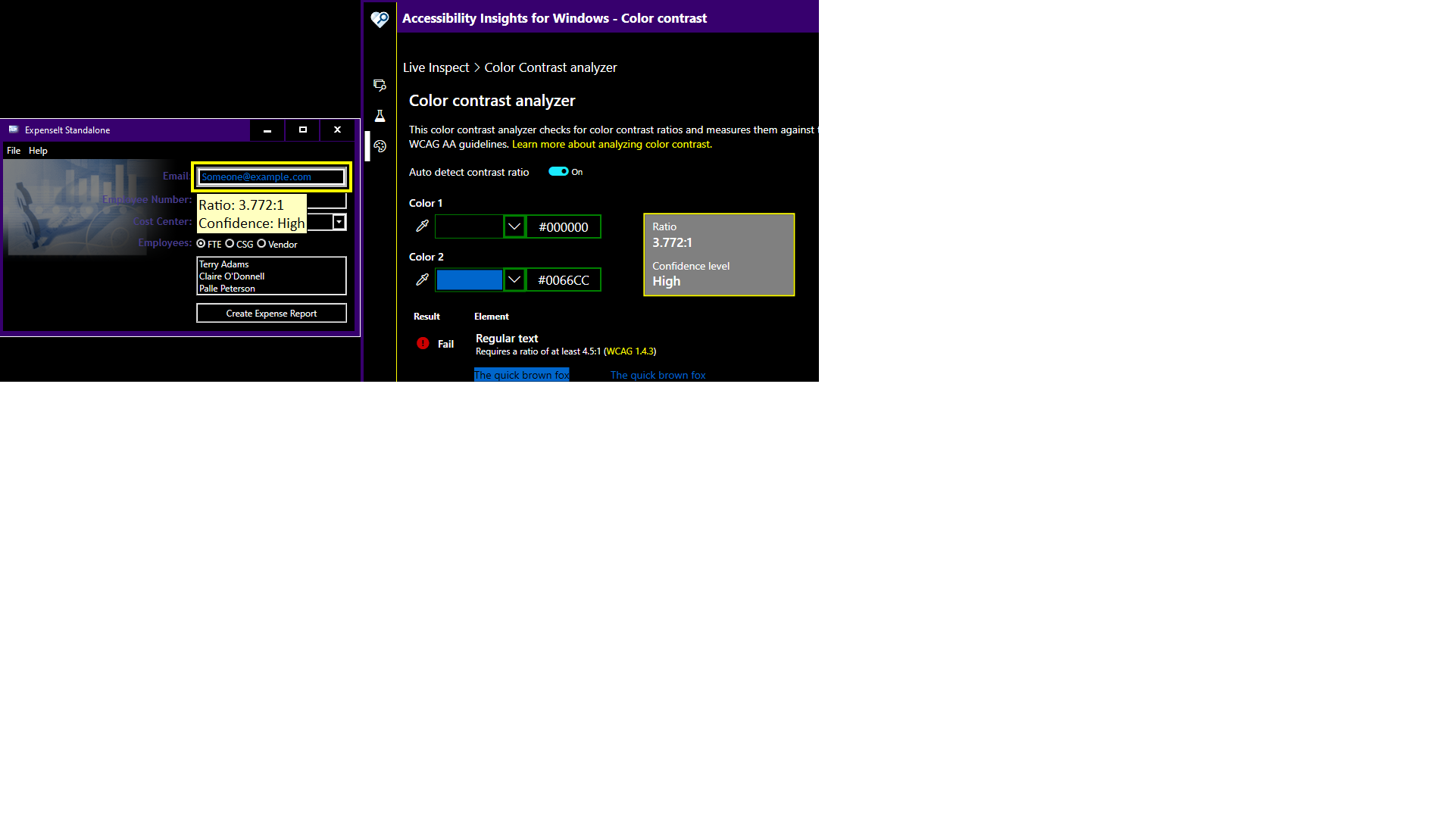 WCAG 1.4.3: (ExpenseItDemo/Edit Box default text color "Email:", "Employee Number:" ) [High ...