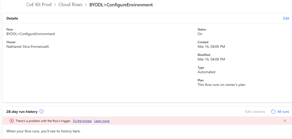 [coe Starter Kit Question] Troubleshooting Flow Byodl Configure Enviornment Is Meant To Be Off