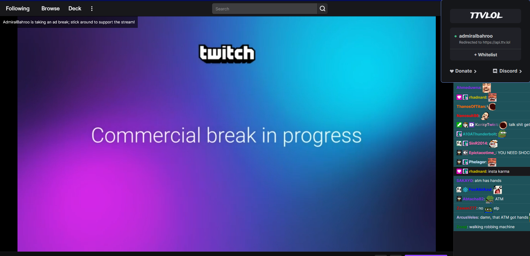 Twitch engineers have defeated this as of today. Getting commercial break screen for prerolls ...