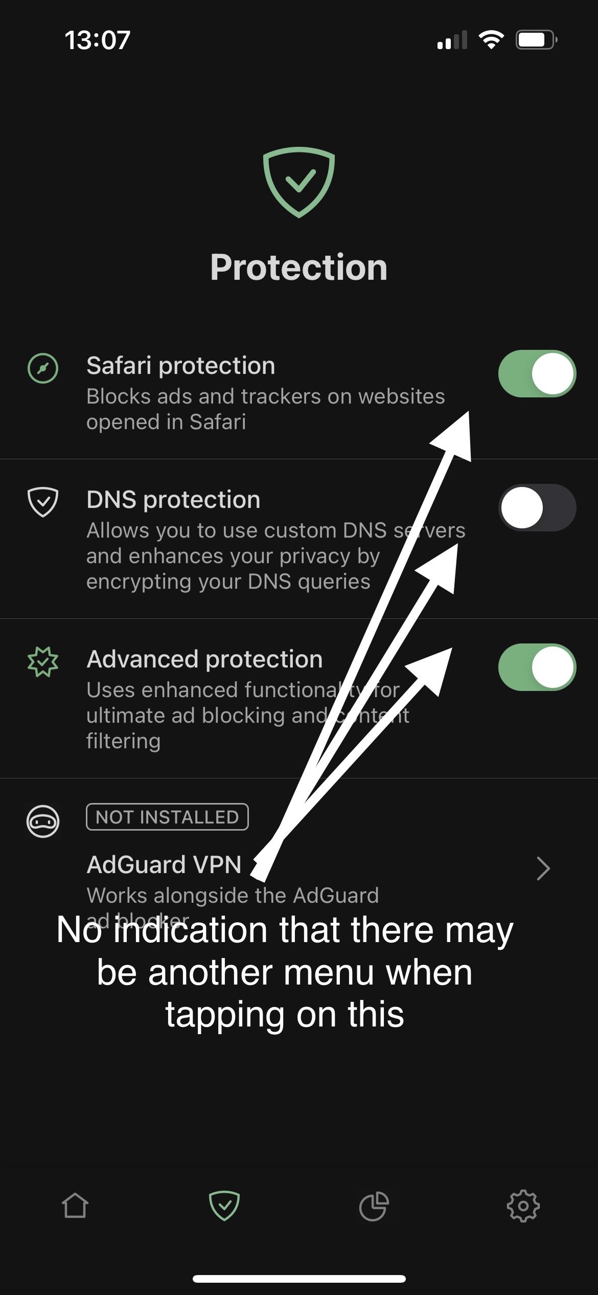 Protection page gives no indication that there may be subpages when tapping on the first 3 ...