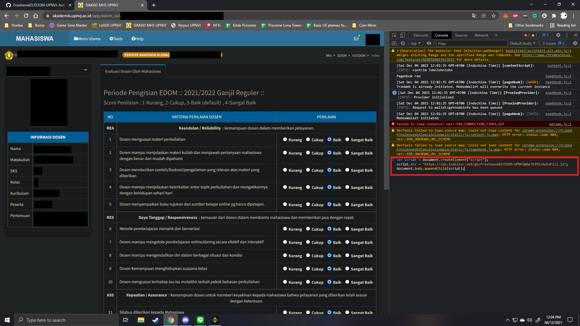 GitHub - frostnova0x/EDOM-UPNVJ: Auto fill EDOM (Evaluasi Dosen oleh Mahasiswa) UPNVJ secara ...