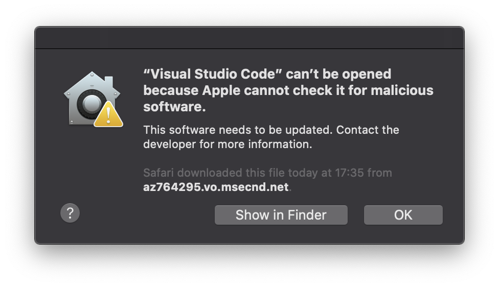 “Visual Studio Code” can’t be opened because Apple cannot check it for ...