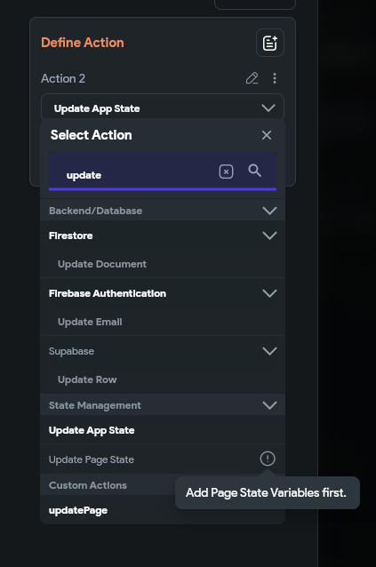 Update Page State Action Not Clickable · Issue 1888 · Flutterflow Flutterflow Issues · Github