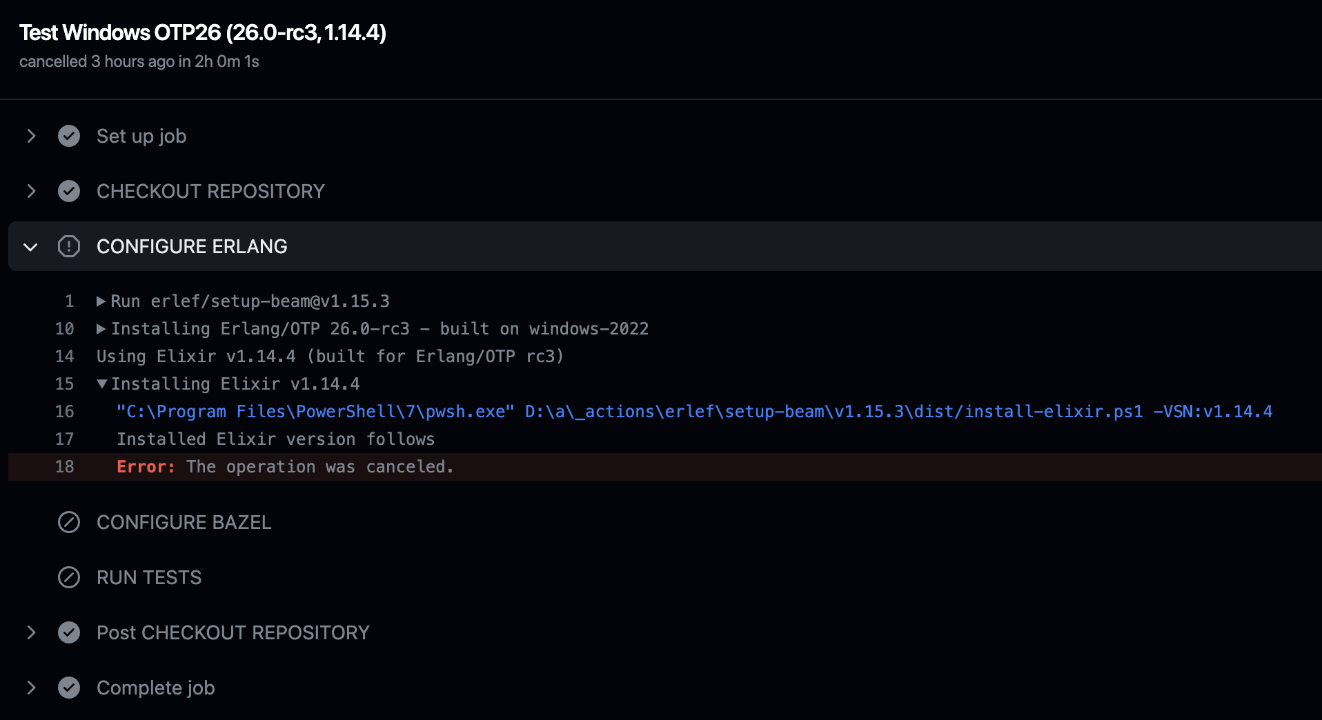 Elixir installation on OTP26 hangs on Windows · Issue #189 · erlef/setup-beam · GitHub