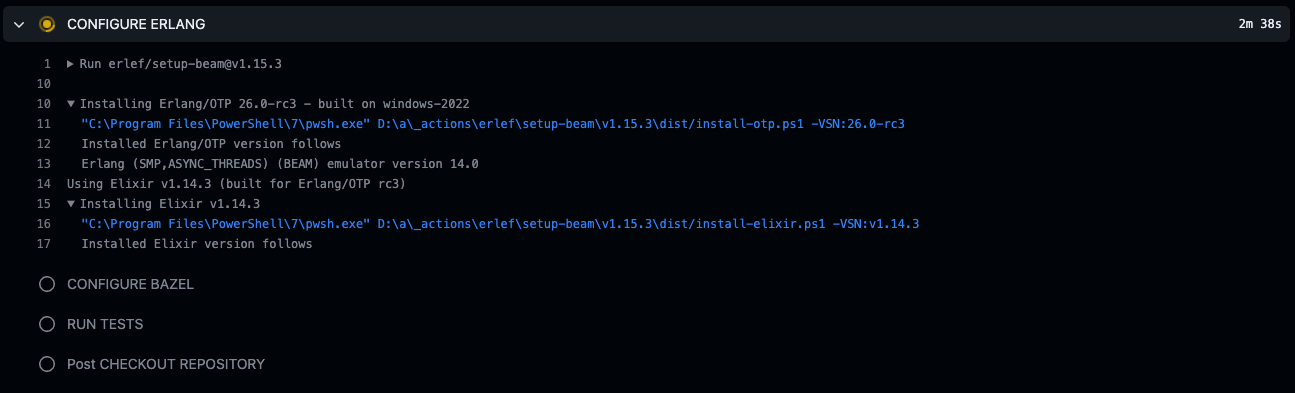 Elixir installation on OTP26 hangs on Windows · Issue #189 · erlef/setup-beam · GitHub