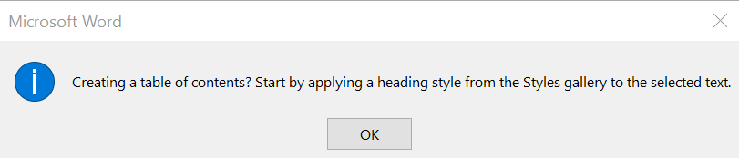 Toc Does Not Display With Word Message Start By Applying A Heading