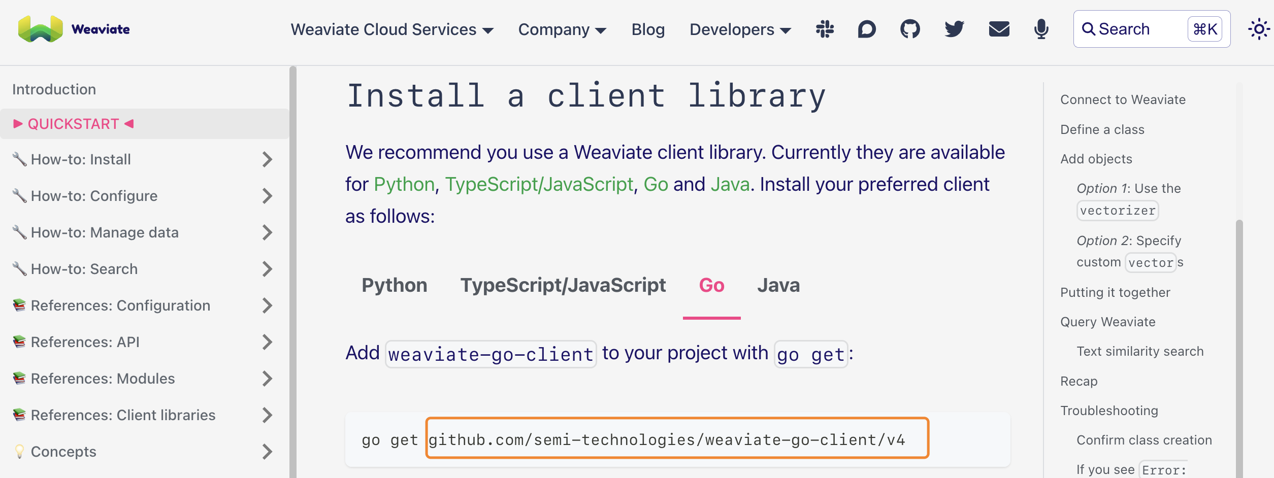 Outdated Go client path in Quickstart · Issue #869 · weaviate/weaviate-io · GitHub