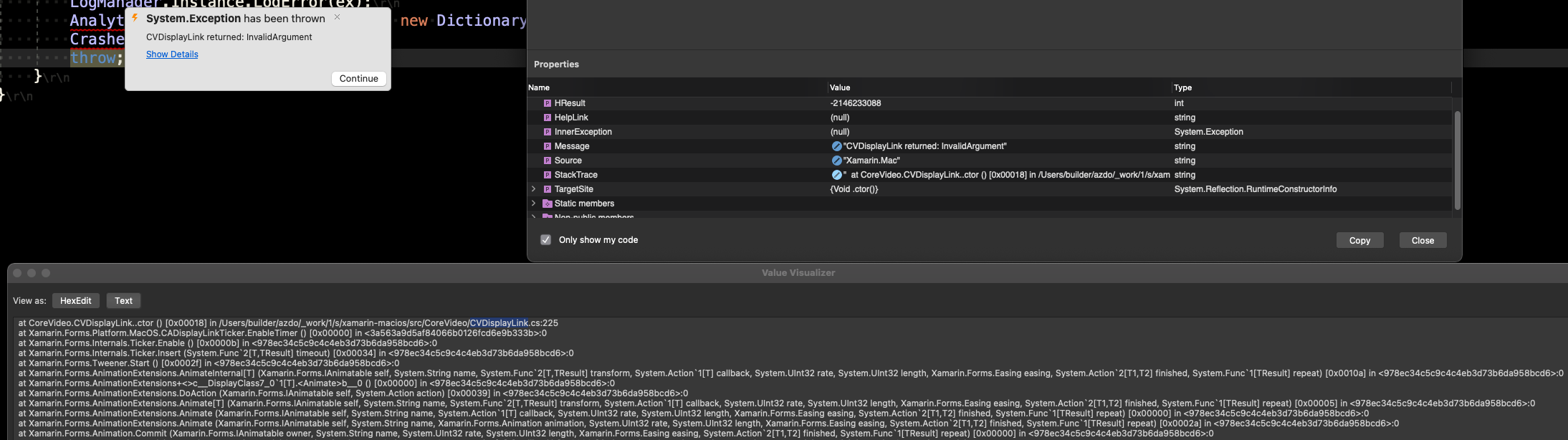 CVDisplayLink throws an Exception when deal with Xamarin.Forms Animations · Issue #13911 ...