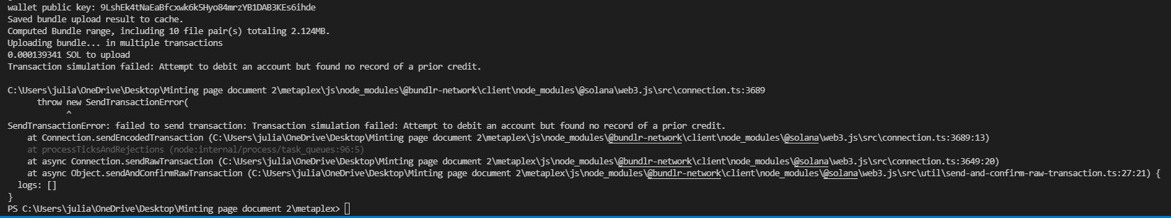 Error uploading the NFTs: Transaction simulation failed: Attempt to debit an account but found ...