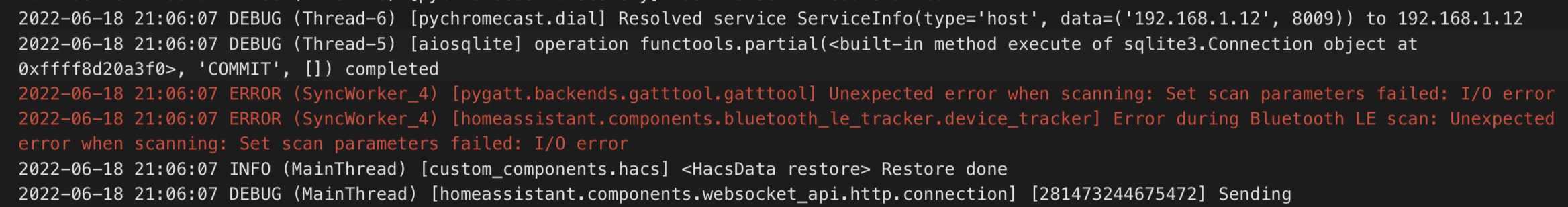 Error during Bluetooth LE scan: Unexpected error when scanning: Set ...