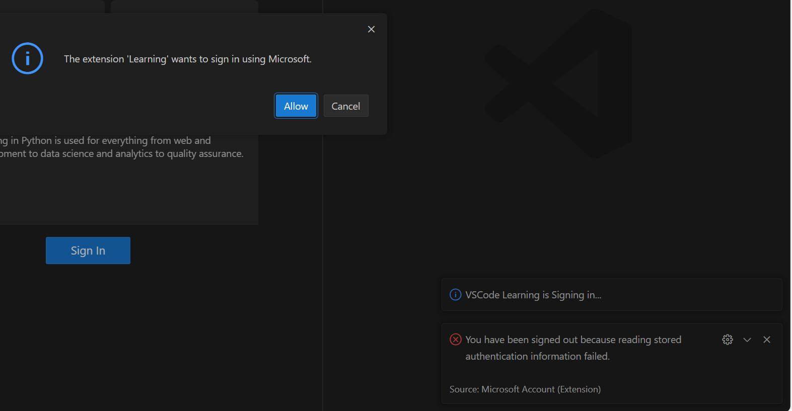 Expired auth notification is not dismissed after (re)sign-in · Issue #185061 · microsoft/vscode ...