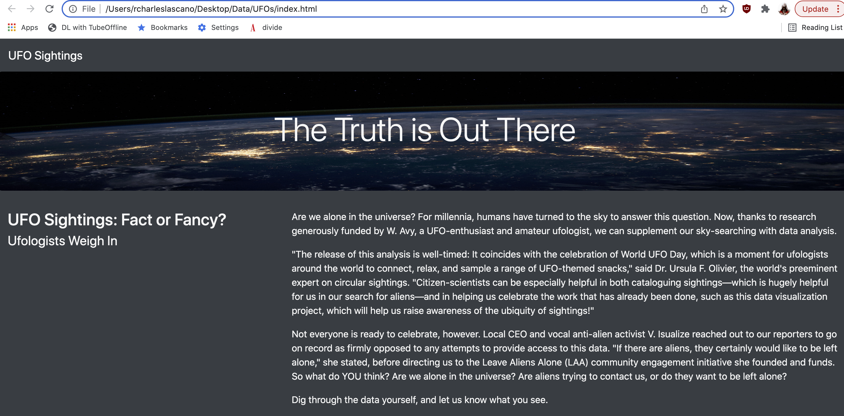 GitHub - rclascano14/UFOs: Using JavaScript, HTML, and CSS to create a custom webpage that ...