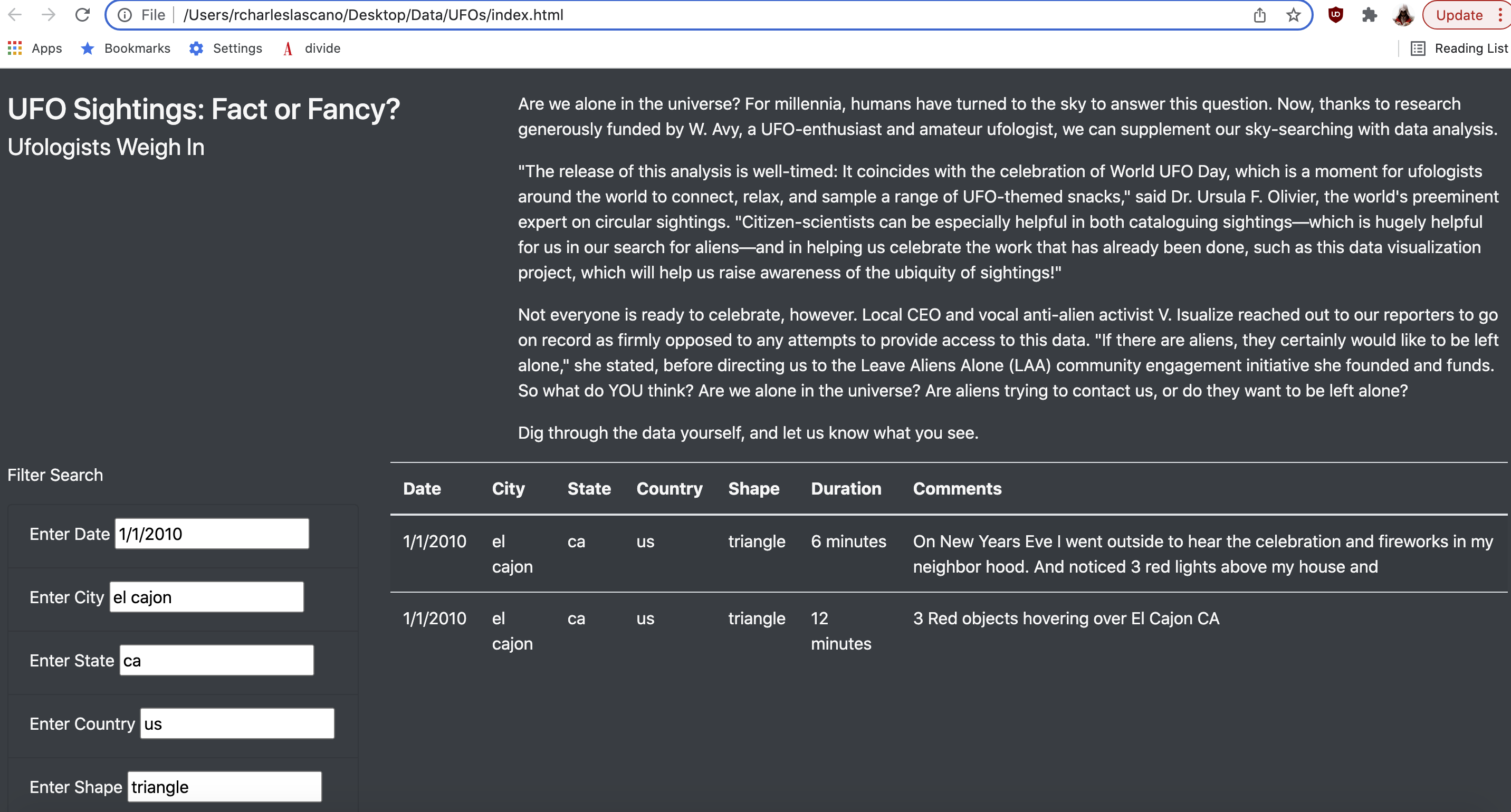 GitHub - rclascano14/UFOs: Using JavaScript, HTML, and CSS to create a custom webpage that ...