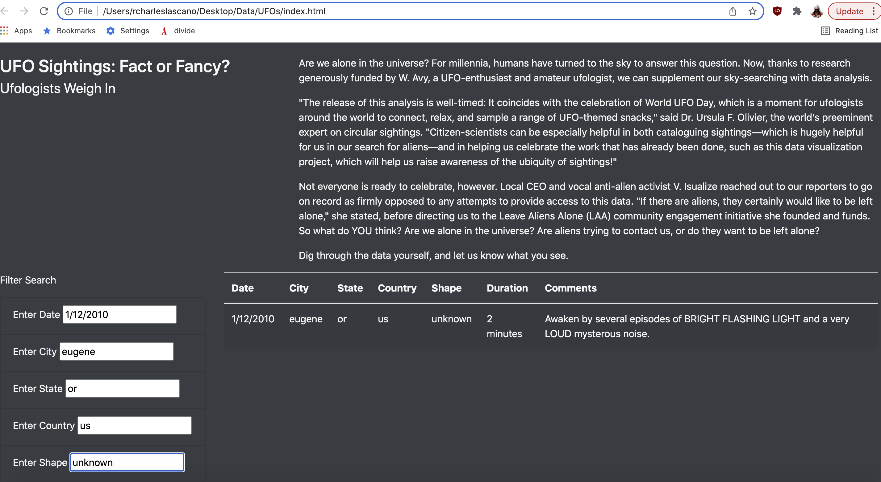 GitHub - rclascano14/UFOs: Using JavaScript, HTML, and CSS to create a custom webpage that ...