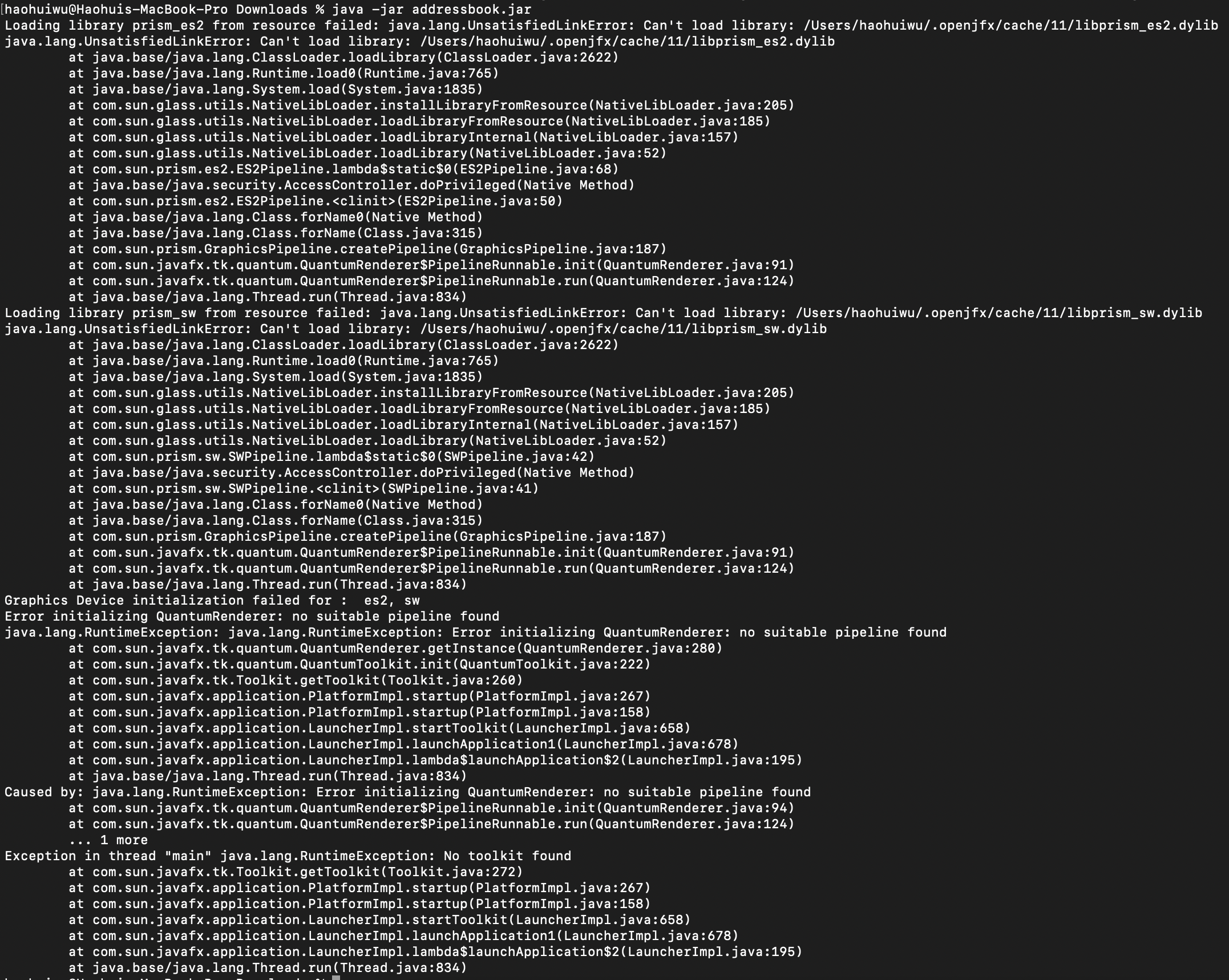 "UnsatisfiedLinkError: Can't load library" when running addressbook.jar ...