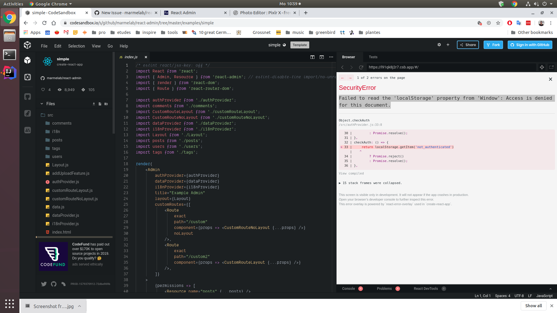 Demo code sandbox provided in react-admin landing page has error · Issue #4323 · marmelab/react ...